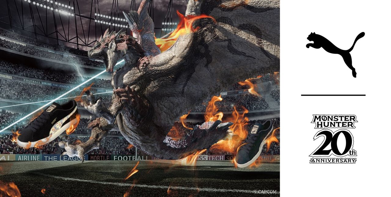 『モンハン』×PUMAがコラボ。リオレウスやジンオウガなどをイメージしたキャップやシューズが9月27日発売。PUMAのロゴに乗るアイルーがかわいい | ゲーム・エンタメ最新情報のファミ通.com